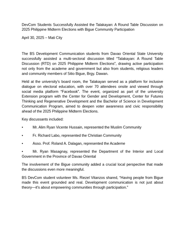 DevCom Students Successfully Assisted The Talakayan | PDF