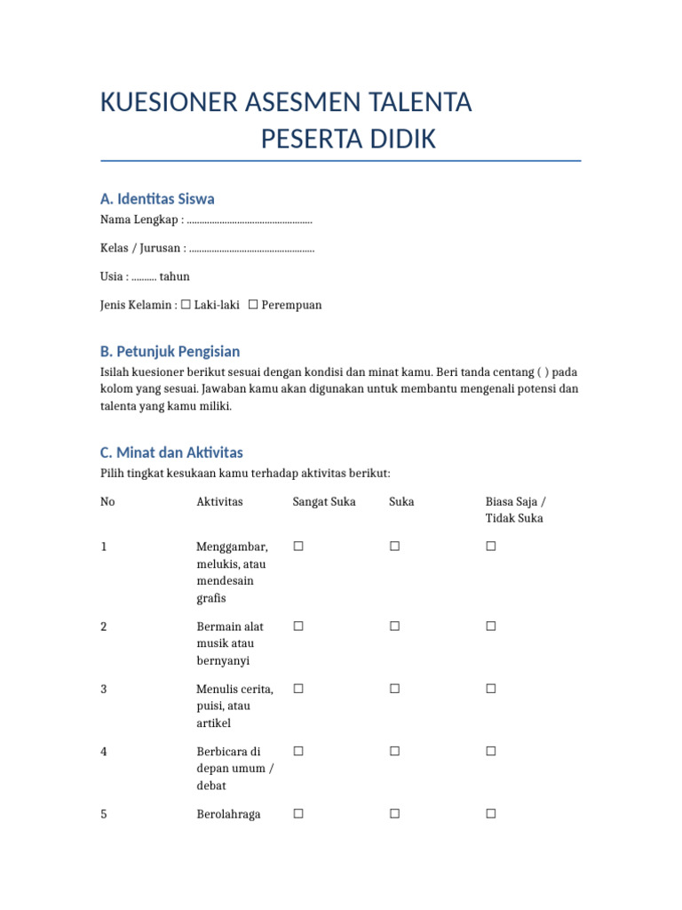 Kuesioner Asesmen Talenta Siswa SD | PDF