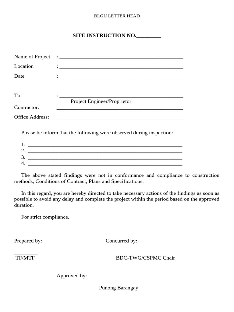 Site Instruction Template for Projects | PDF