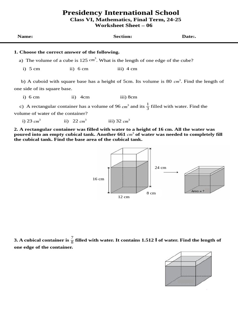 Class VI Math Worksheet: Volume Problems | PDF | Volume | Polytopes