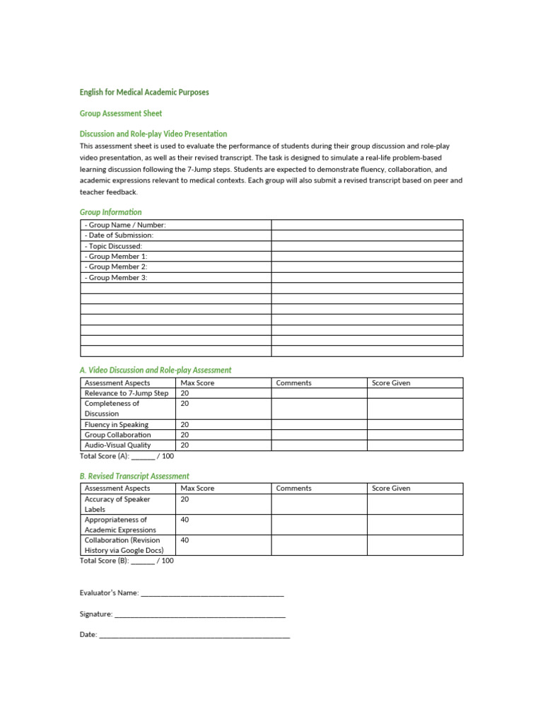 Medical Academic Group Assessment Sheet | PDF