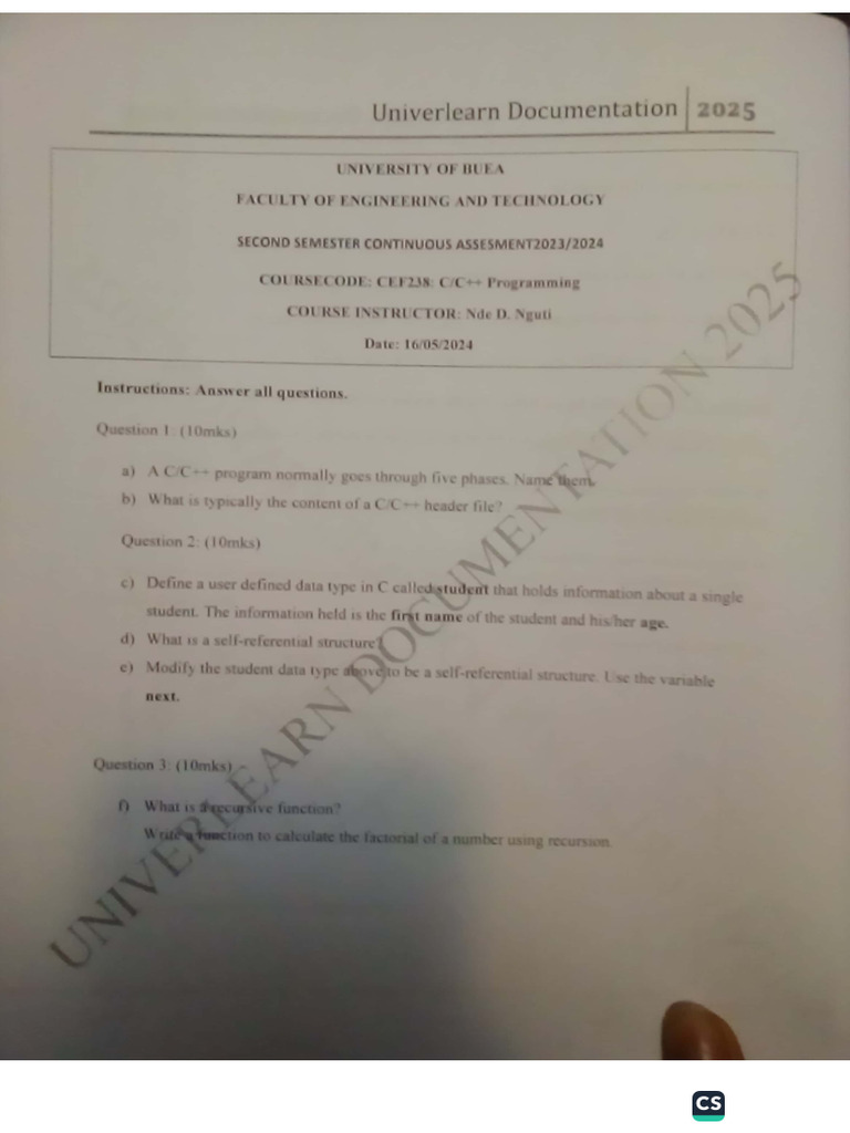 CC++ Programming Past CA and Exams | PDF
