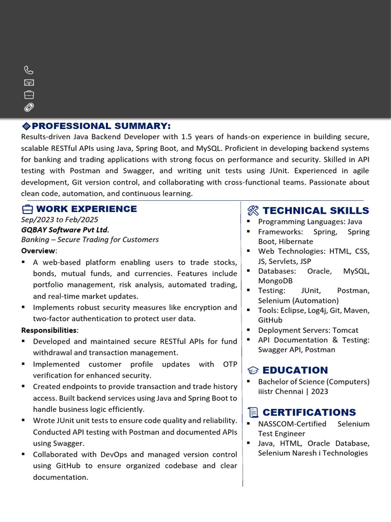 B Chinnapa Raju 1.5 Experience Resume | PDF | Java (Programming ...