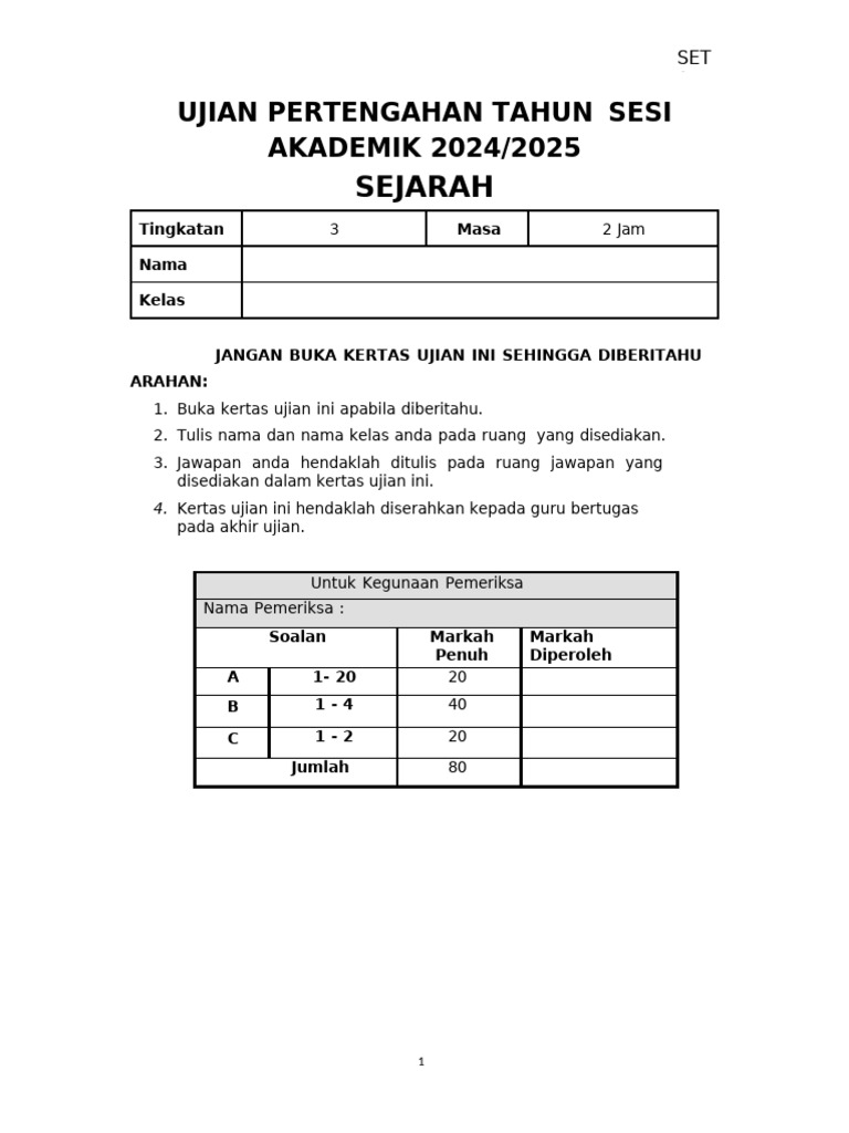 UPSA Sejarah T3 Set 1 | PDF