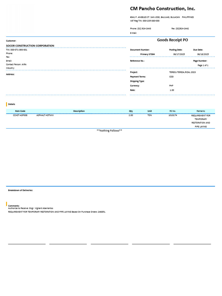 Goods Receipt for Pipe Laying Project | PDF