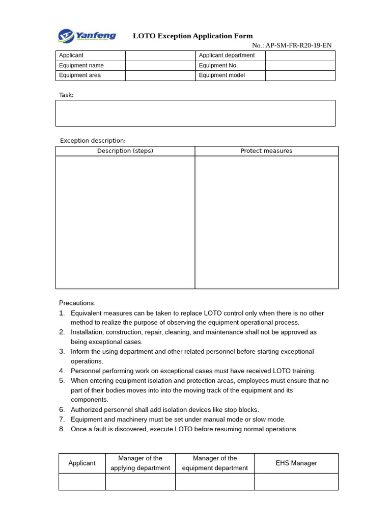 LOTO Exception Application Form: Task | PDF
