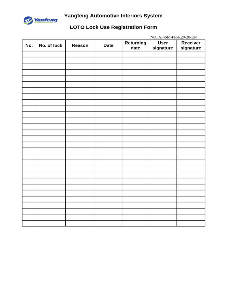 Yangfeng Automotive Interiors System LOTO Lock Use Registration Form | PDF