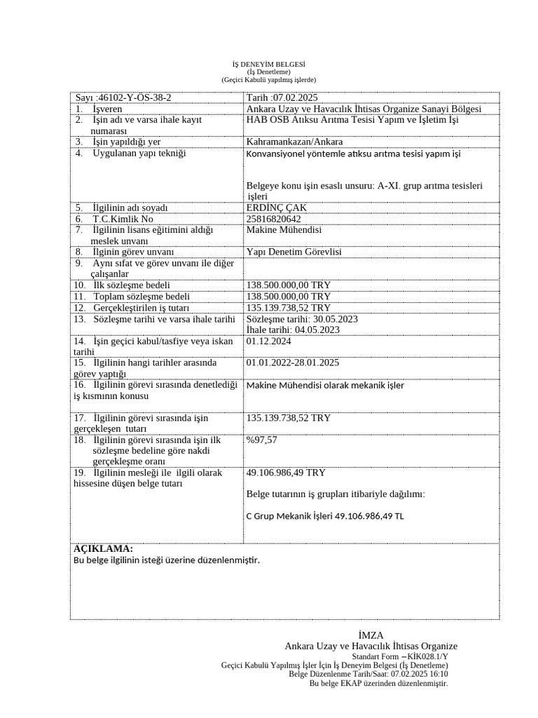 Is Deneyim Belgesi IsDenetleme KIK028 1 Y Isd v2 | PDF