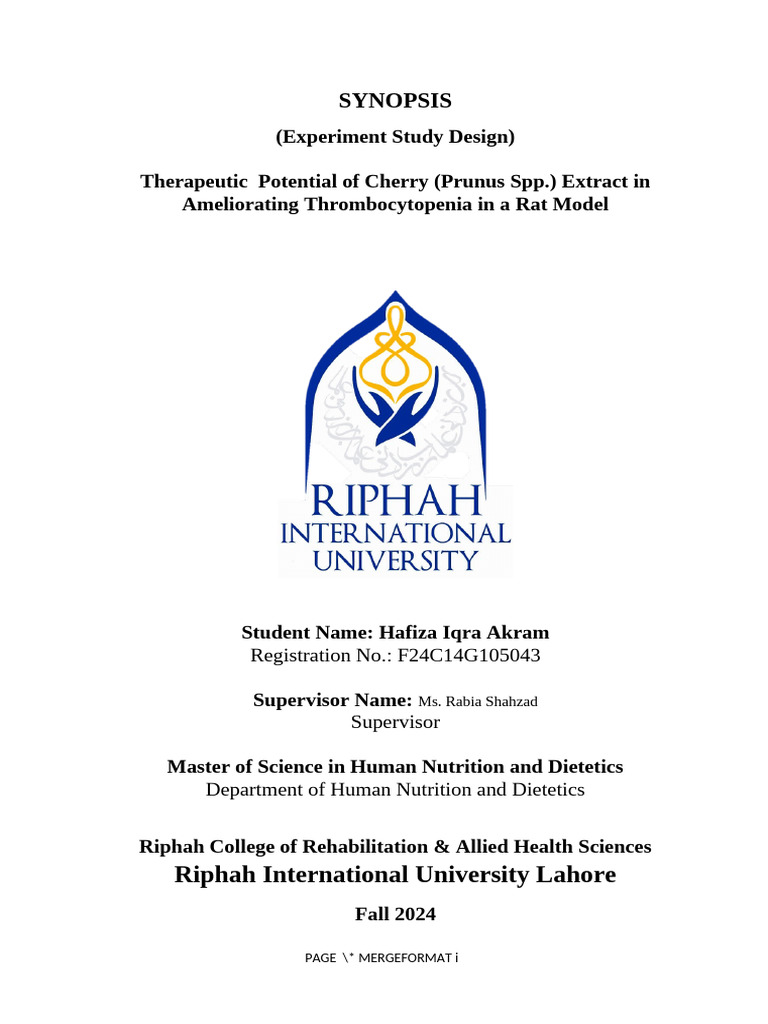 Synopsis Template Iqra Akram | PDF | Platelet | Polyphenol