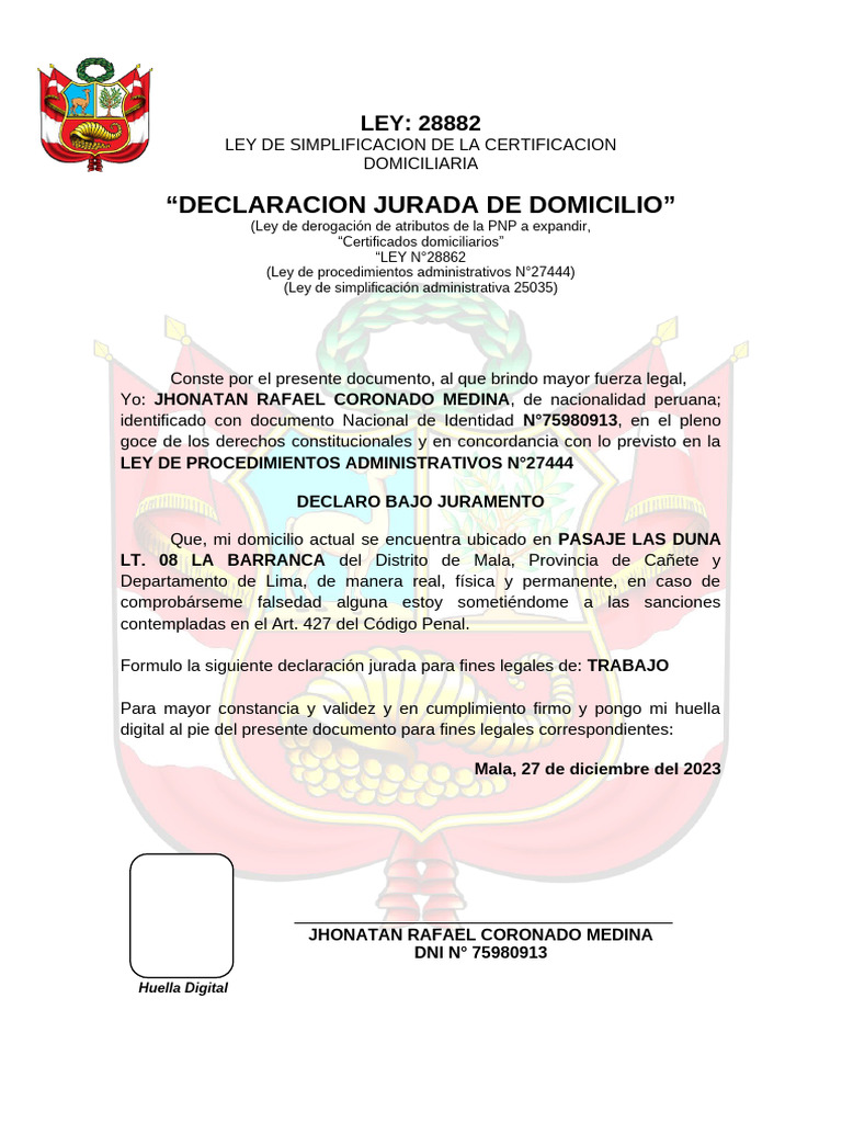 Declaracion Jurada de Domicilio | PDF