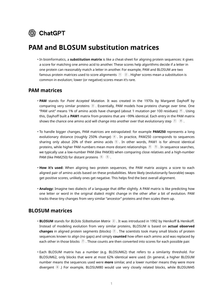 PAM vs BLOSUM: Key Differences Explained | PDF | Biological Engineering ...