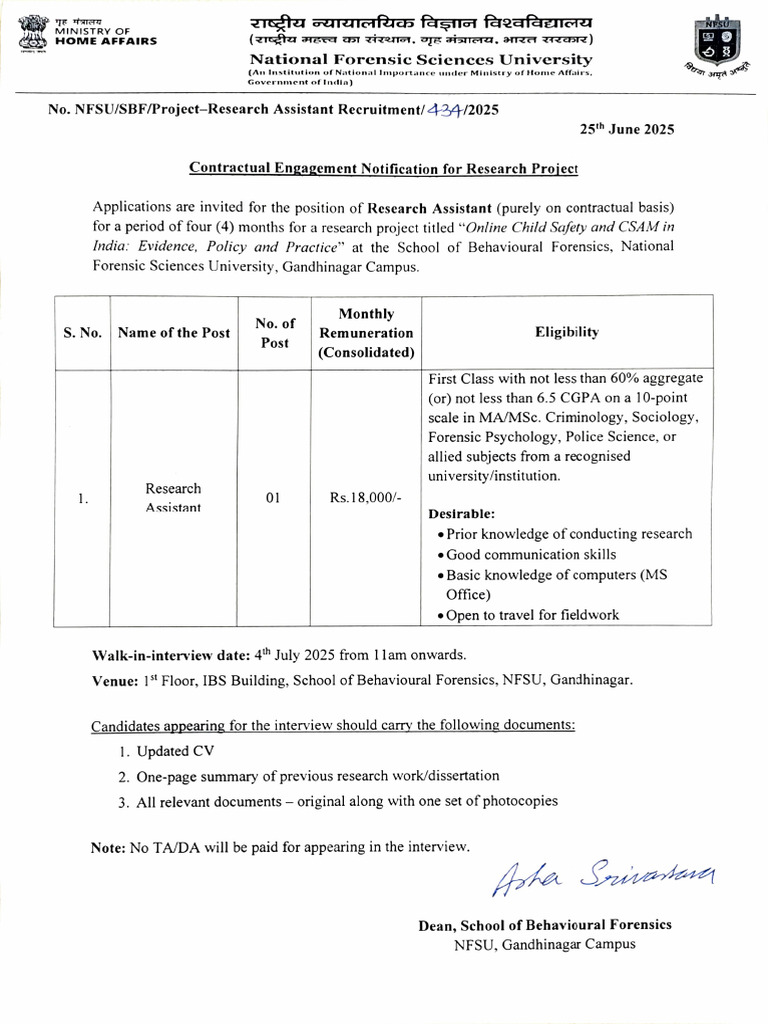 Advt. Research Assistant Position, SBF - 25.06.2025 | PDF | Science