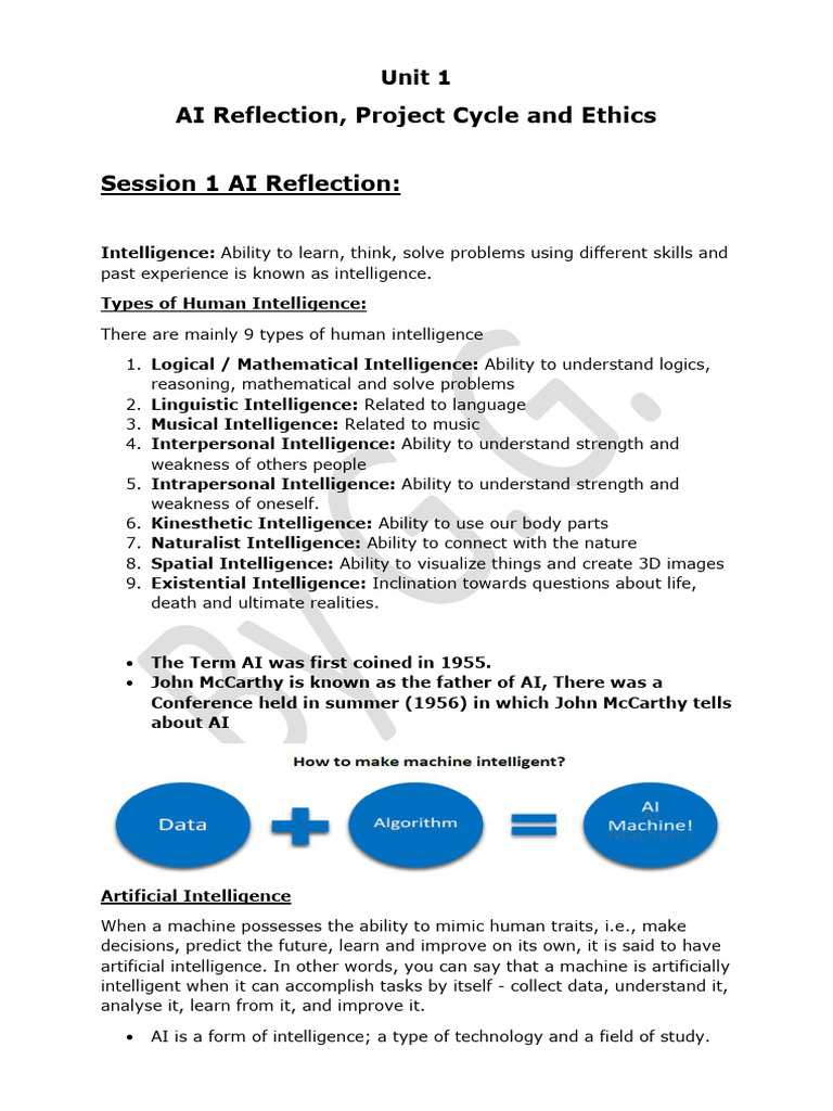Unit 1 AI Reflection, Project Cycle and Ethics (Session 1) | PDF ...
