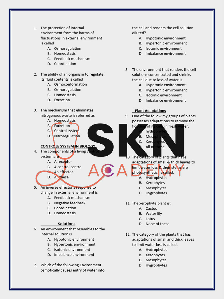 Homeostasis 650 Mcqs Worksheet by SKN | PDF | Kidney