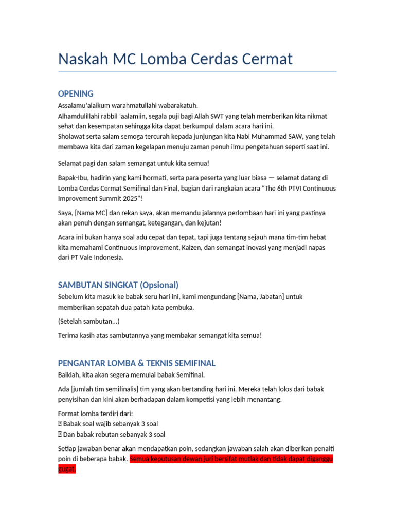 Naskah MC Lomba Cerdas Cermat 2025 | PDF