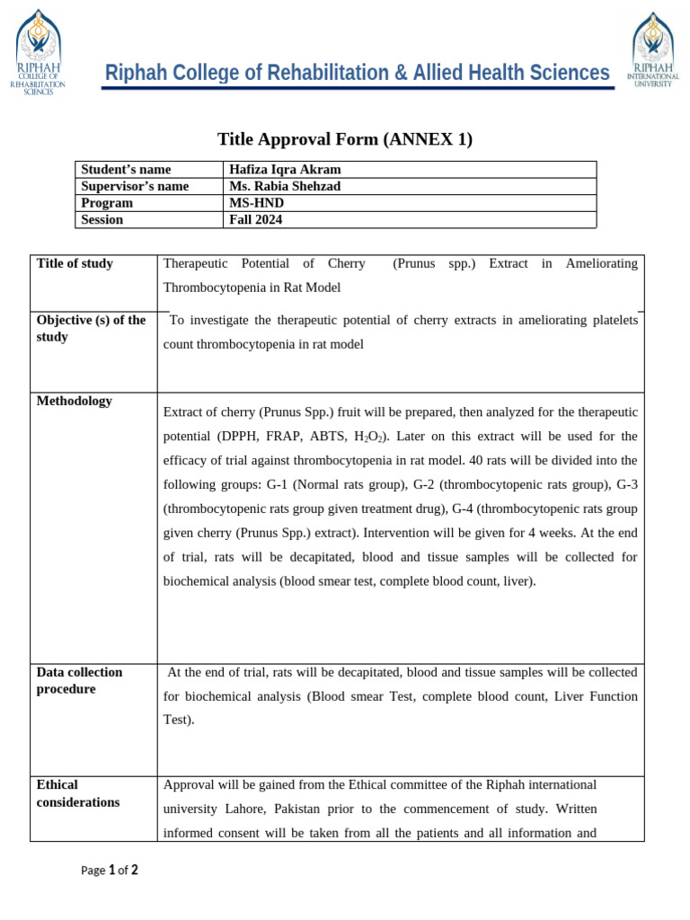 Title Approval Form Iqra Akram - Iqra | PDF | Medicine | Medical Specialties