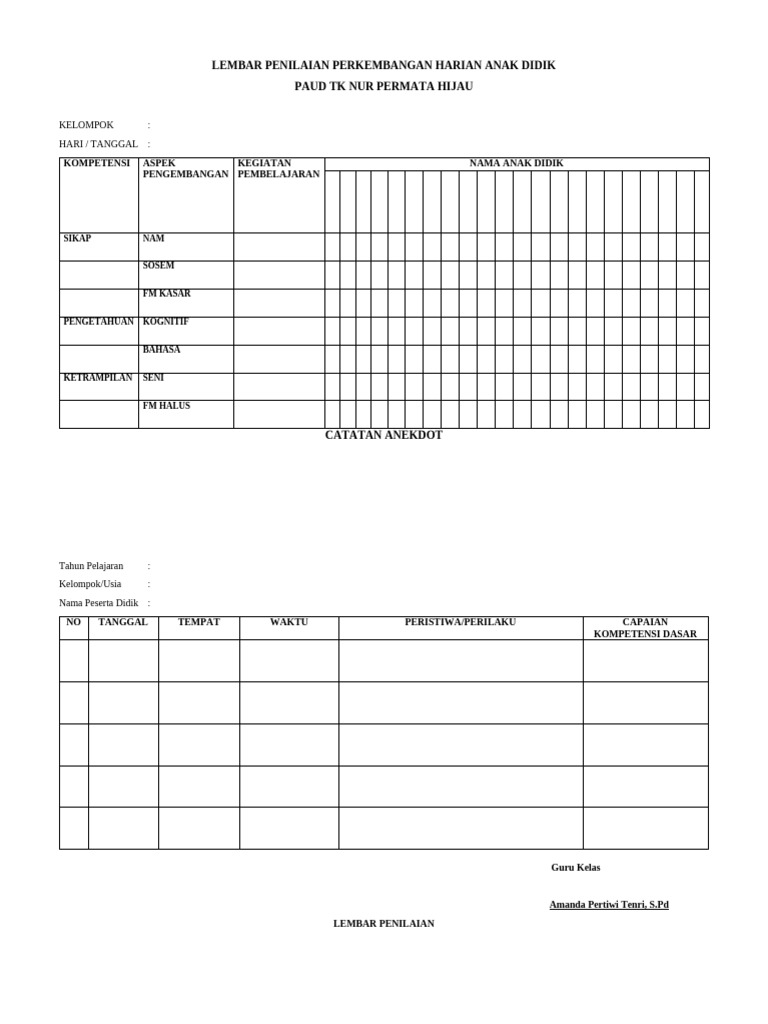 Lembar Penilaian Perkembangan Harian Anak Didik | PDF