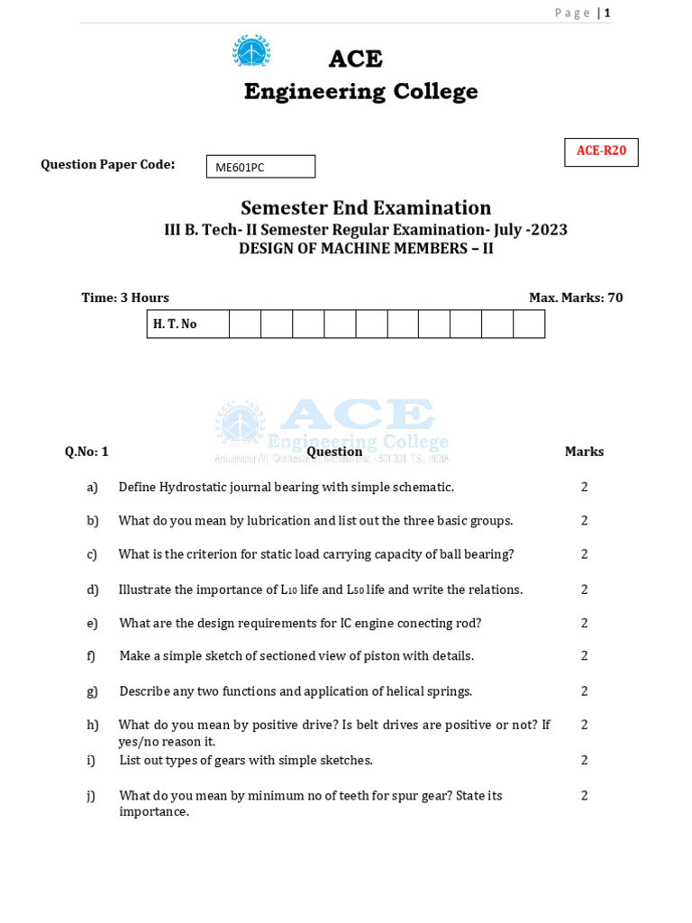 Machine Design Exam Paper - July 2023 | PDF | Bearing (Mechanical) | Gear
