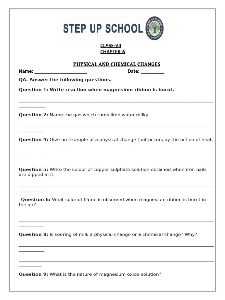 CH 6 Physical&Chemical Changes Ws2 | PDF | Magnesium | Metals