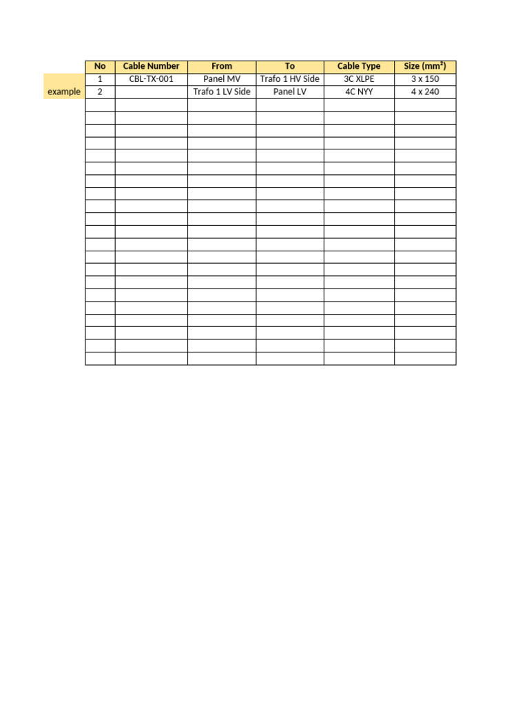 Format Cable Schedule Trafo | PDF