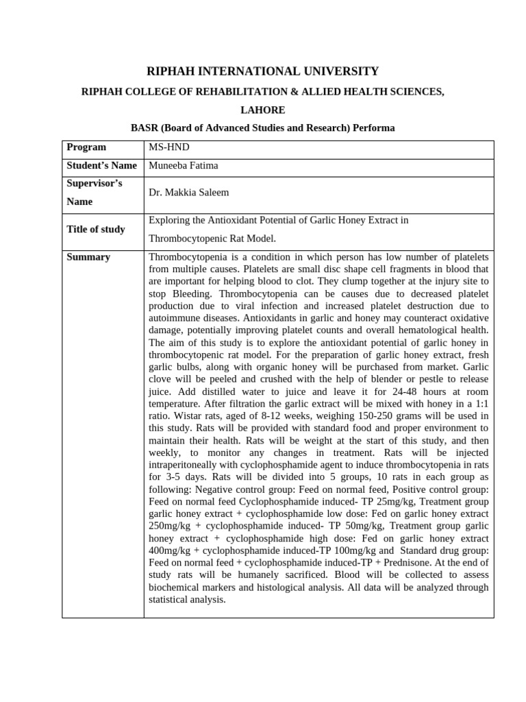Muneeba Fatima (Basr Form) | PDF | Platelet | Garlic