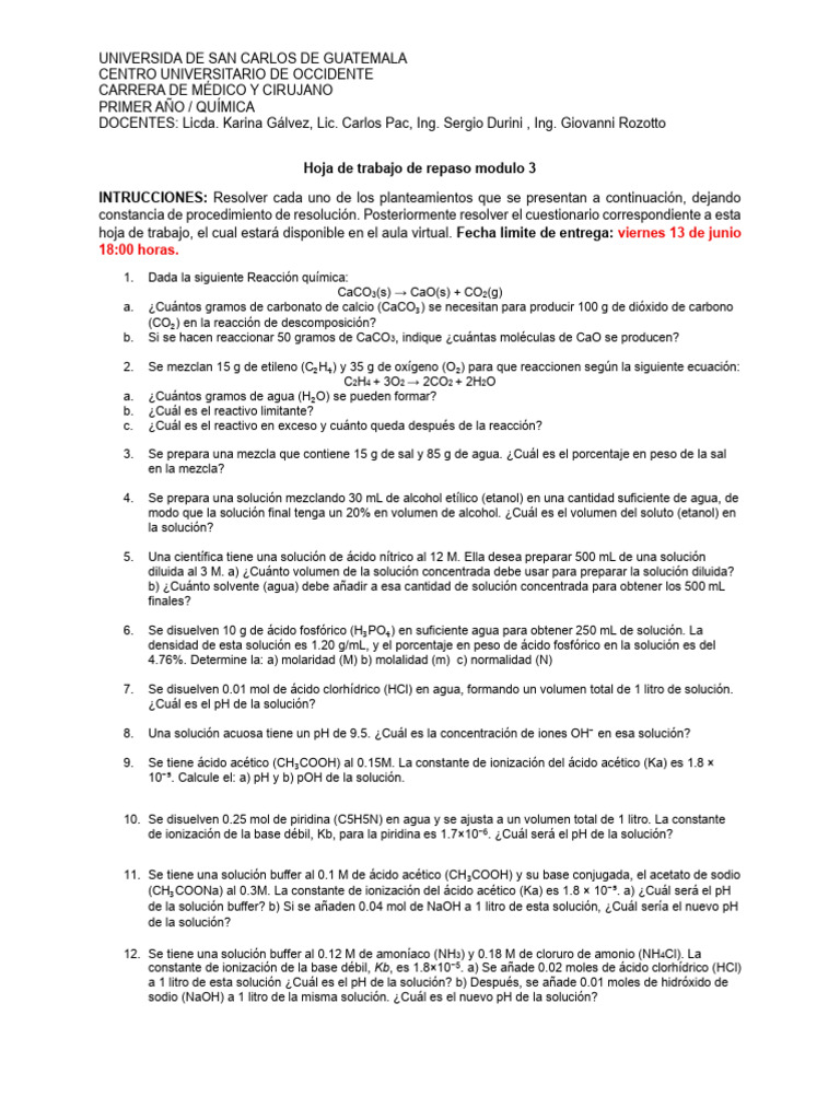 Hoja de Trabajo de Repaso Modulo 3 | PDF | Ph | Ácido