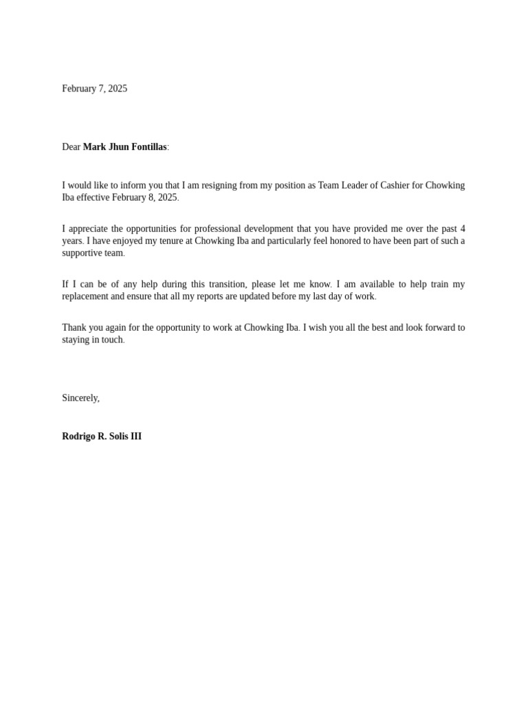 Resignation Letter Rods | PDF