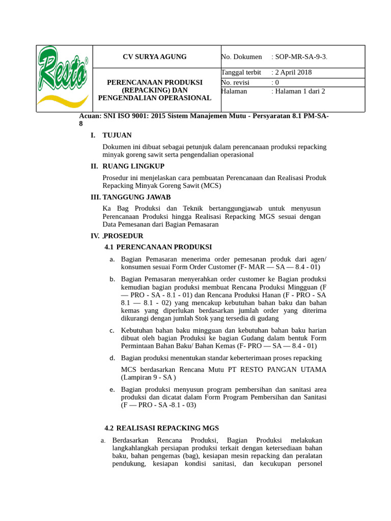 Sop Produksi | PDF