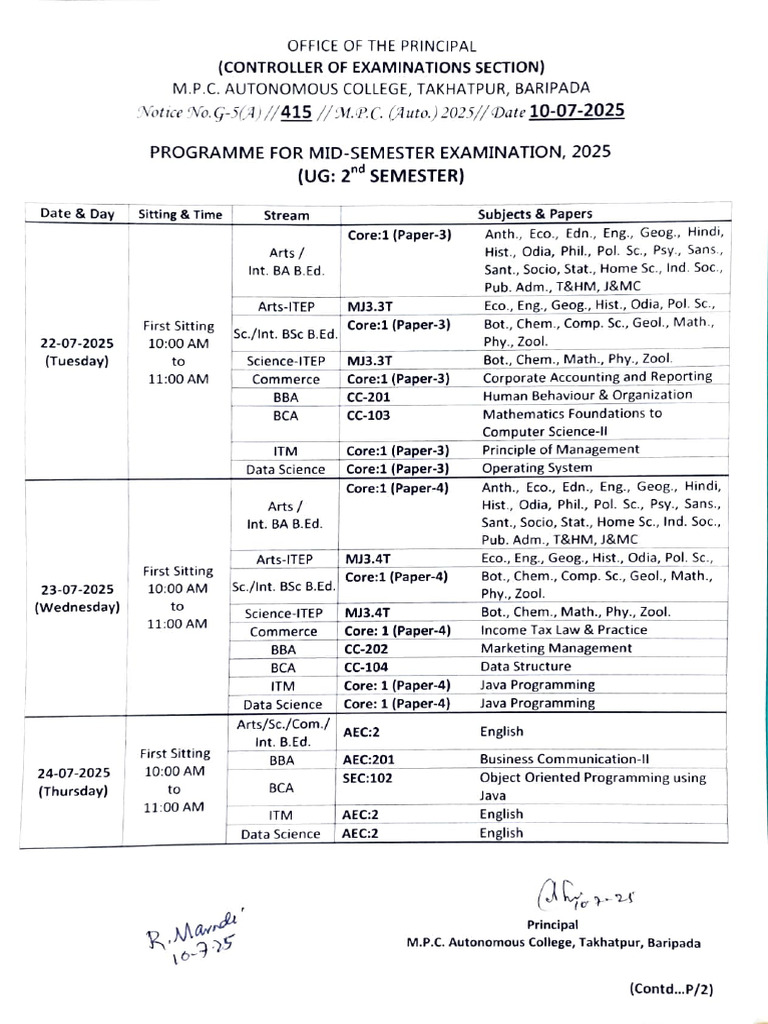 Programme For UG 2nd Mid-Semester Examination-2025 | PDF | Science
