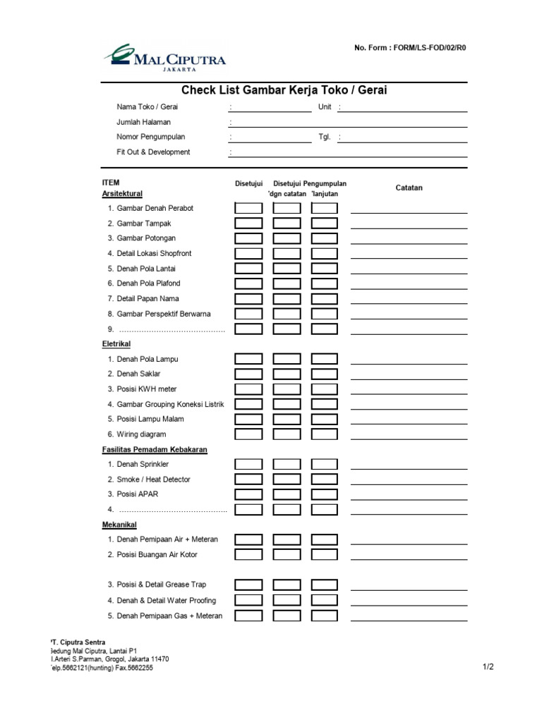 LS-FOD02 Check List Gambar Kerja Toko-Gerai | PDF