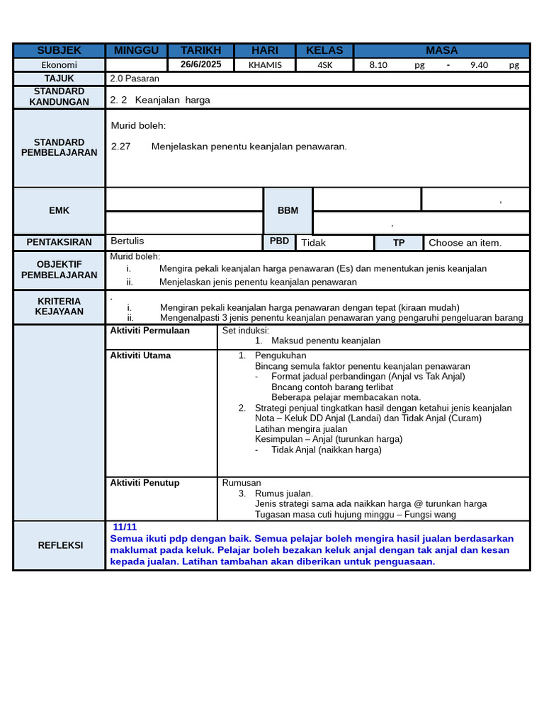 RPH Ekonomi 4SK Khamis 26.6.2025 | PDF