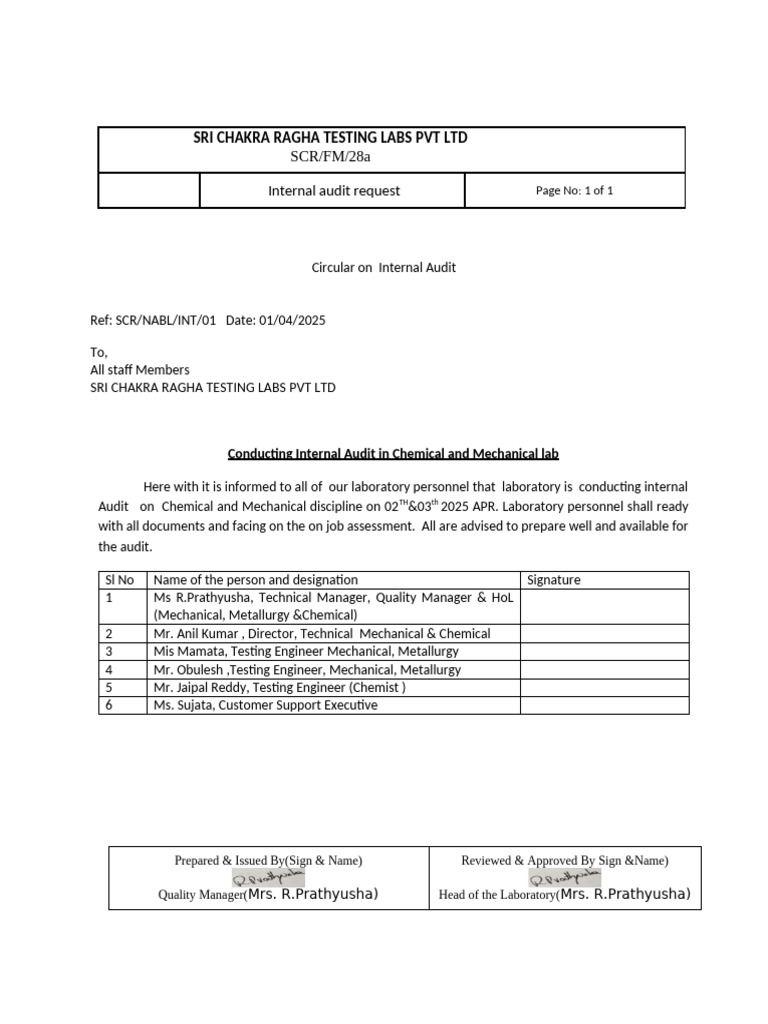 Internal Audit Notice for Labs | PDF