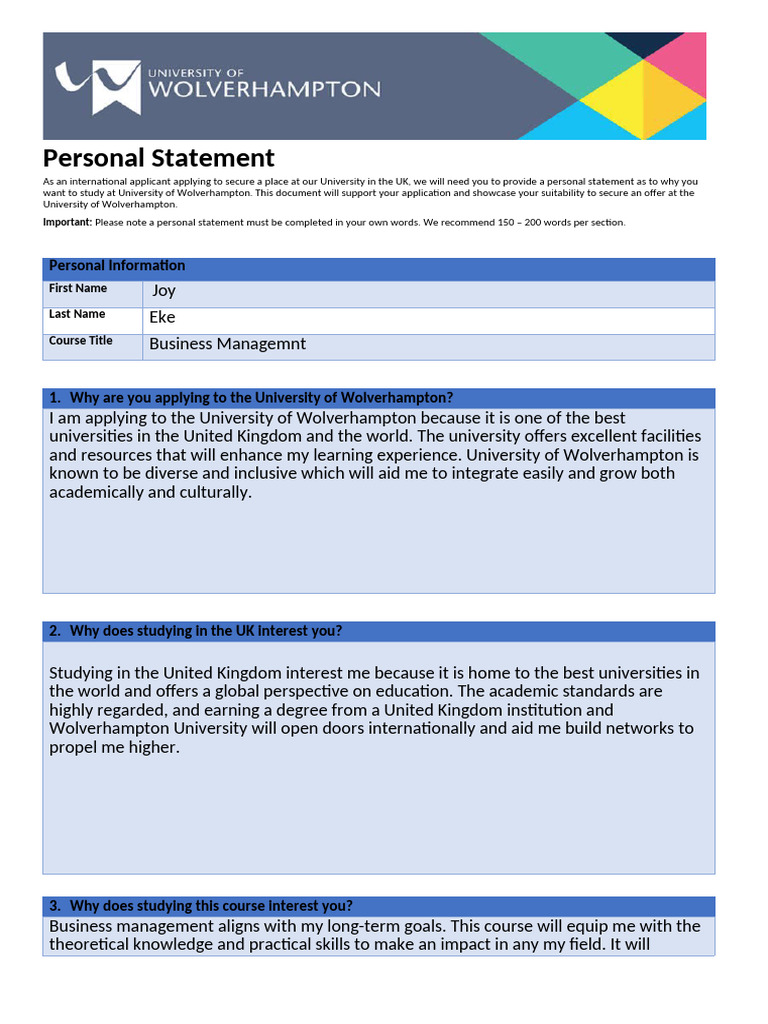 Personal Statement Wolverhampton University | PDF | University | Learning