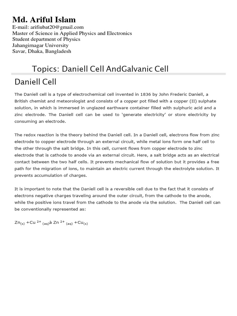 Daniell Cell and Galvanic Cell | PDF | Electrode | Electrochemistry