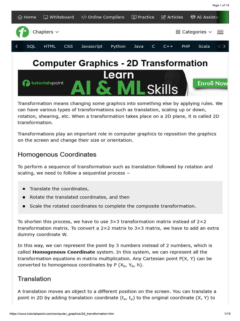 2D Transformations in Computer Graphics - 1 | PDF | 2 D Computer Graphics | Coordinate System