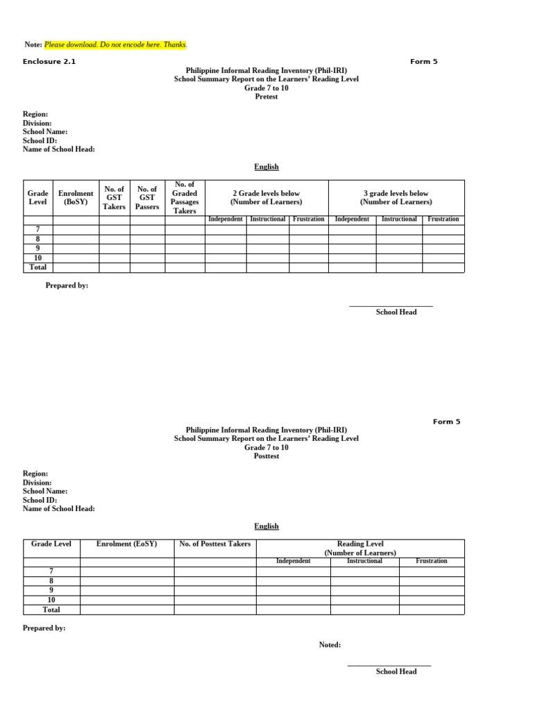 Encl. 2.1 - Phil-IRI Form 5 - GR 7-10 | PDF | Pedagogy | Learning