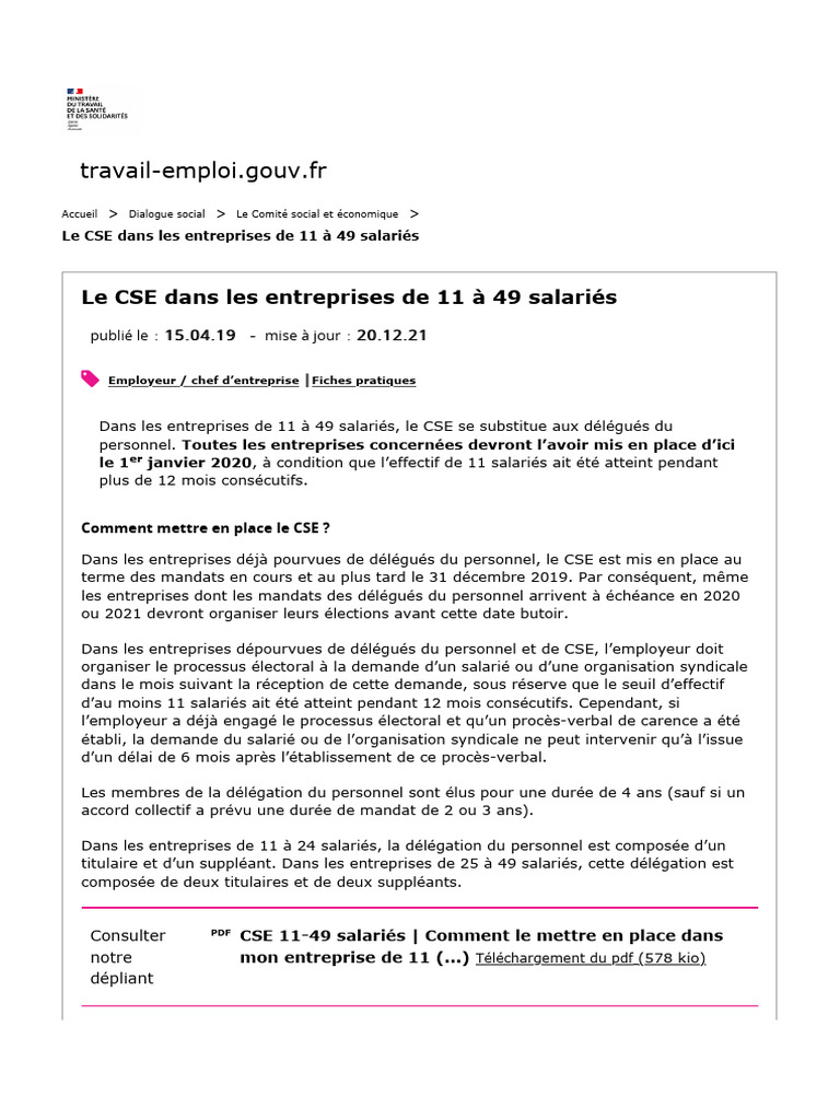 Mise en place du CSE pour 11-49 salariés | PDF | Travail