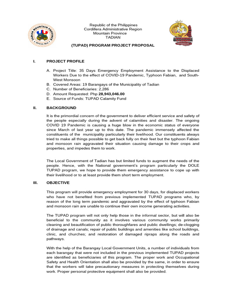 Tupad Proposal of Tadian Final 2,286 | PDF | Unemployment Benefits | Economies