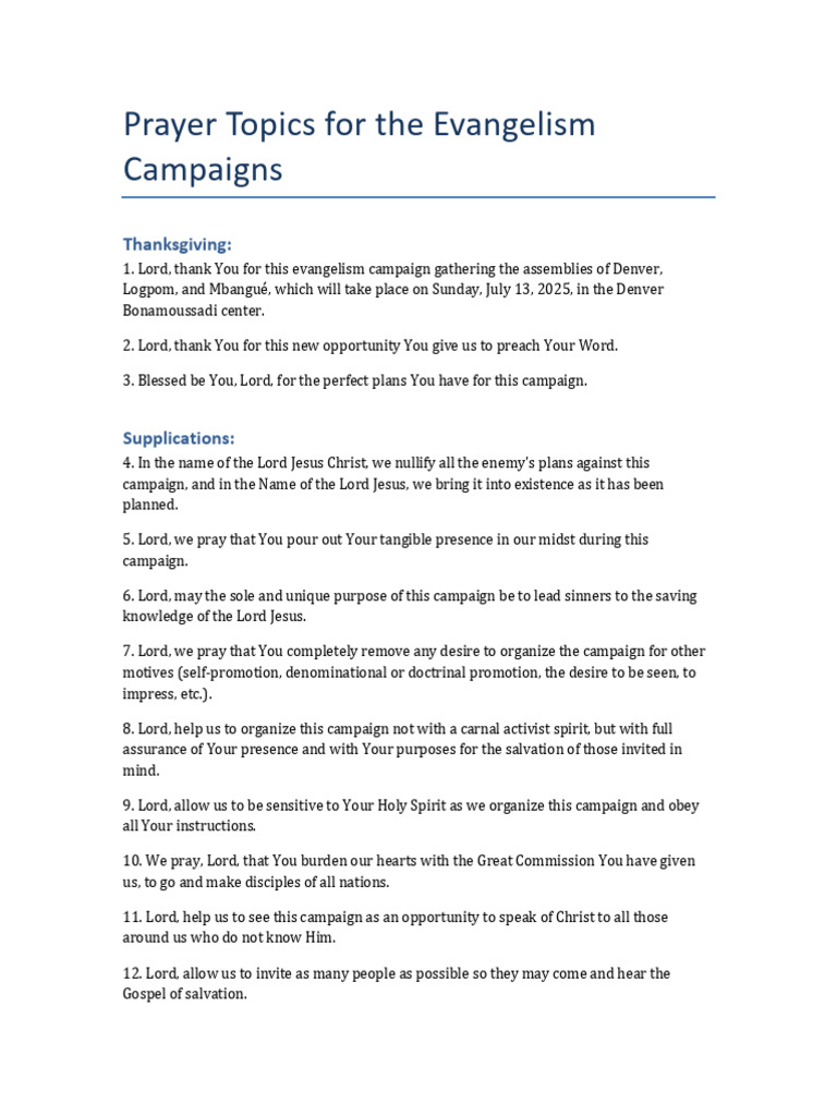 Prayer Topics for Evangelism Campaign | PDF | Salvation | Prayer