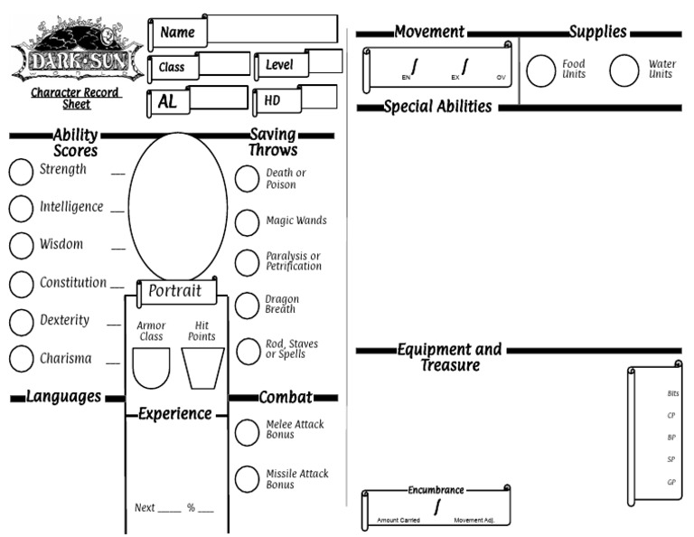 Dark Sun OSE Character Record Sheet | PDF | Fantasy | Role Playing Video Games
