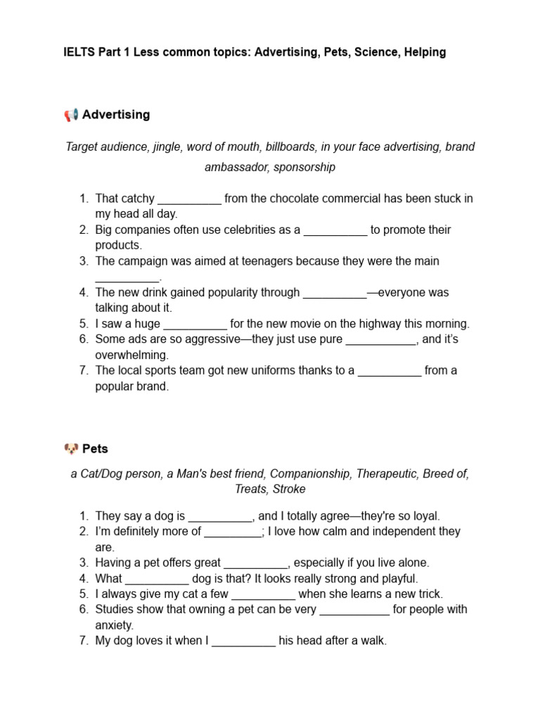 IELTS Part 1 Less Common Topics - Advertising, Pets, Science, Helping-3 ...