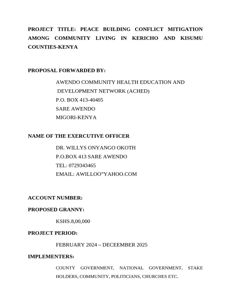 Peace Building Conflict Mitigation Among Community Living in Kericho and Kisumu Counties-Kenya ...