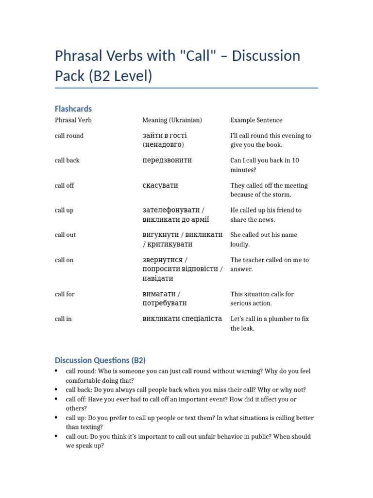 CLOSE UP B2 Phrasal Verbs With Call | PDF | Linguistics | Grammar