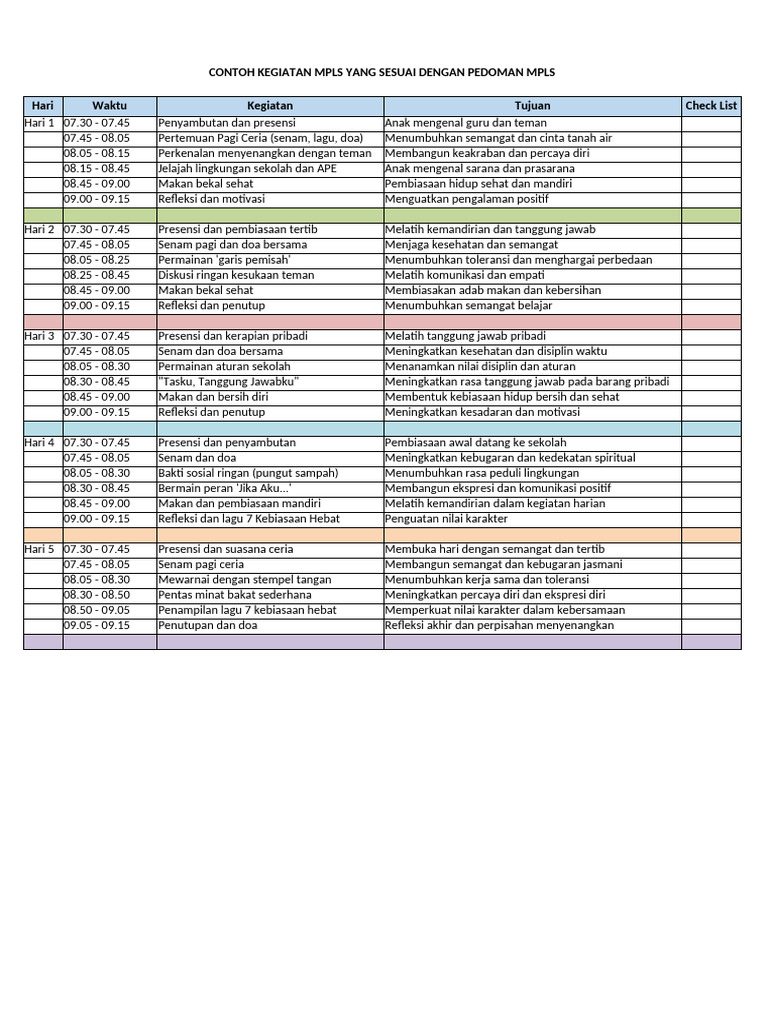 Contoh Jadwal Harian MPLS TK | PDF