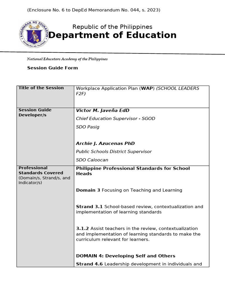 Sg7 Workplaceapplicationplan Javeña Azucenas | PDF | Teachers | Education Theory