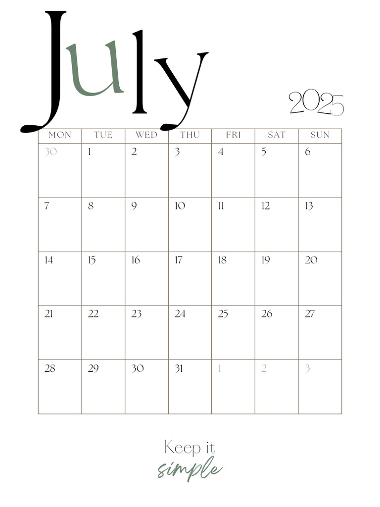 Simple Elegant July 2025 Calendar Monthly Planner | PDF
