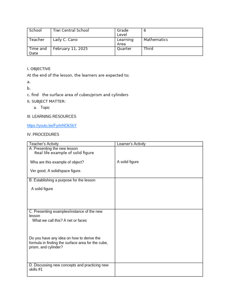Grade 6 Math: Surface Area Lesson Plan | PDF