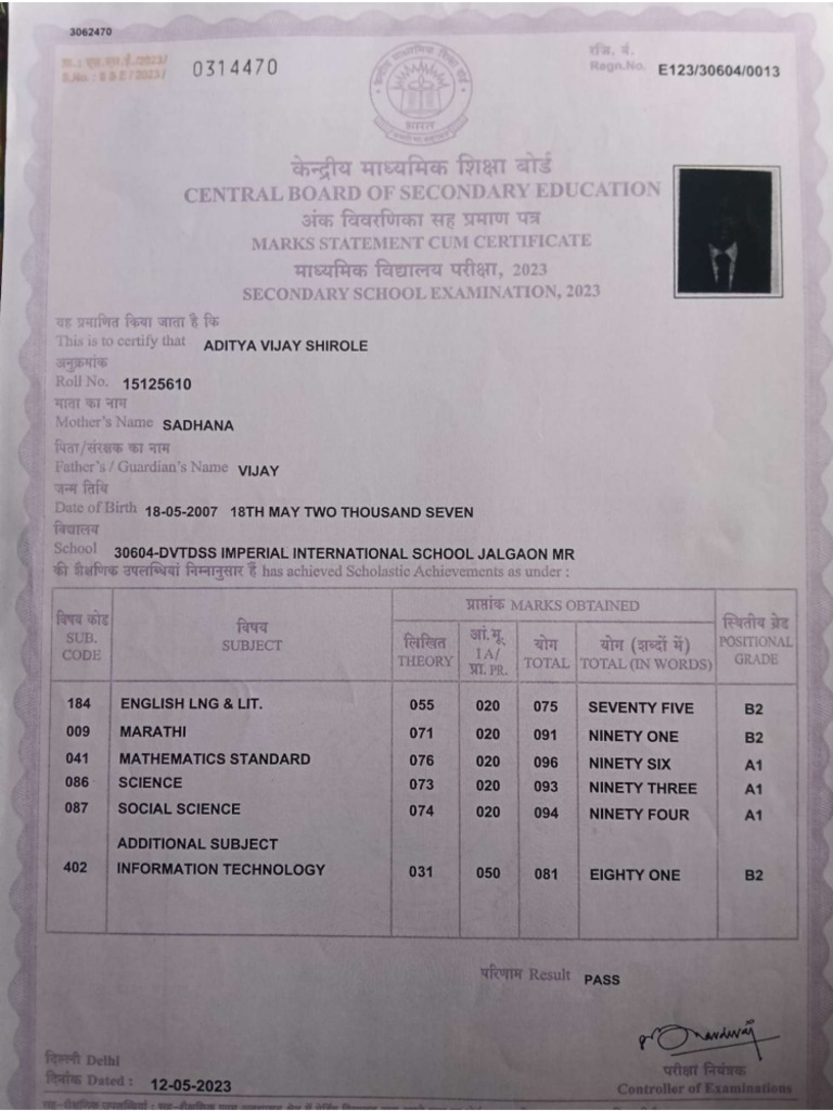 10th Marksheet Aditya - Compressed | PDF