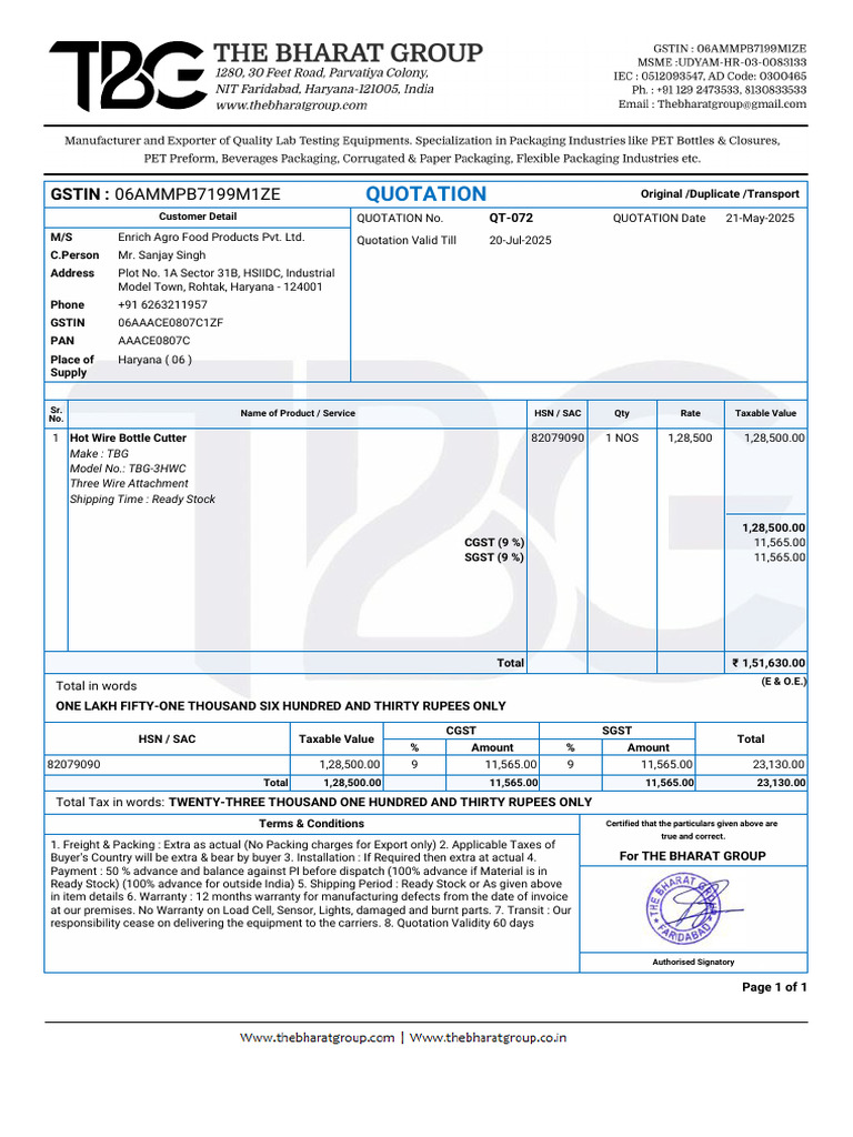 Quotation QT 072 Enrich Agro Food Products Pvt Ltd Mr Sanjay Singh | PDF