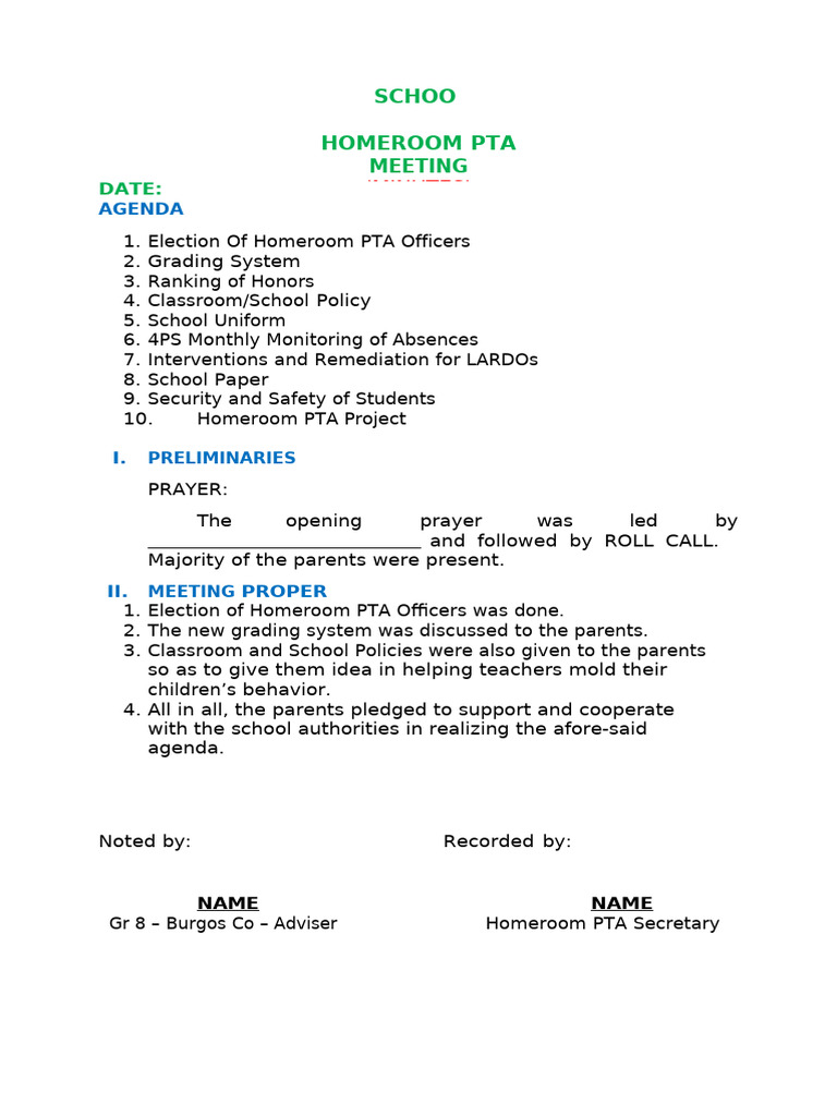 Sample Pta Minutes of The Meeting | PDF